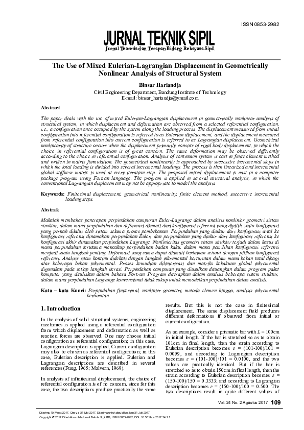 (PDF) The Use of Mixed Eulerian-Lagrangian Displacement in Geometrically Nonlinear Analysis of ...