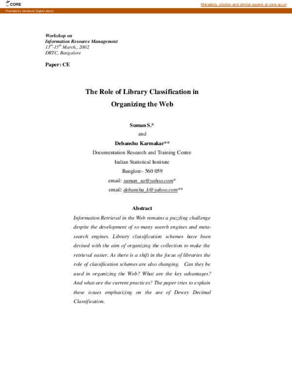(PDF) The Role of Library Classification in Organizing the Web