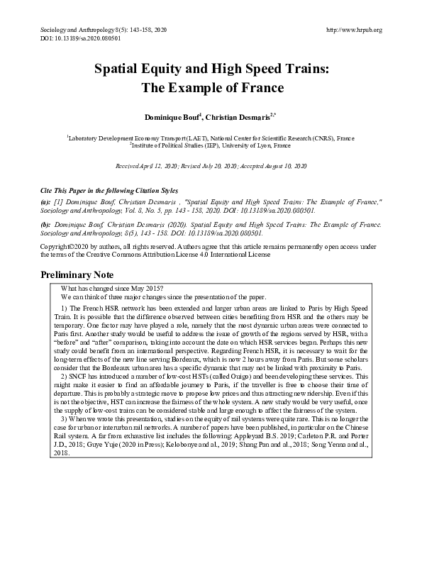 (PDF) Spatial Equity and High Speed Trains: The Example of France