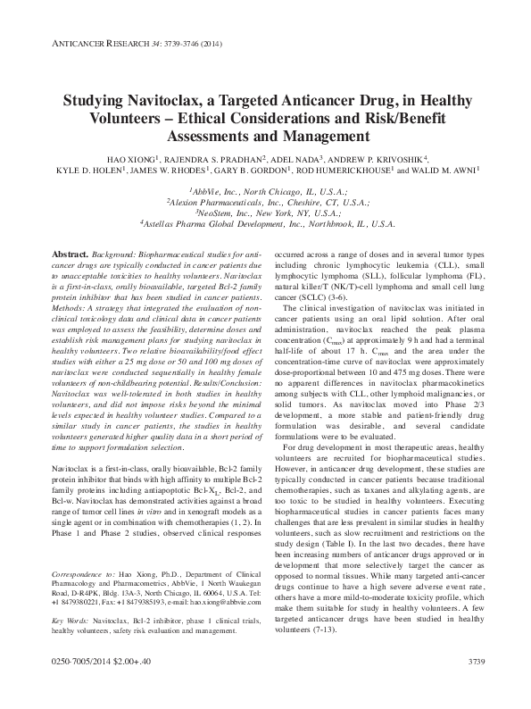 (PDF) Studying navitoclax, a targeted anticancer drug, in healthy volunteers--ethical ...