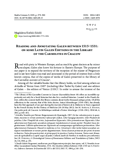 (PDF) Reading and Annotating Galen between 1515–1531: on some Latin ...