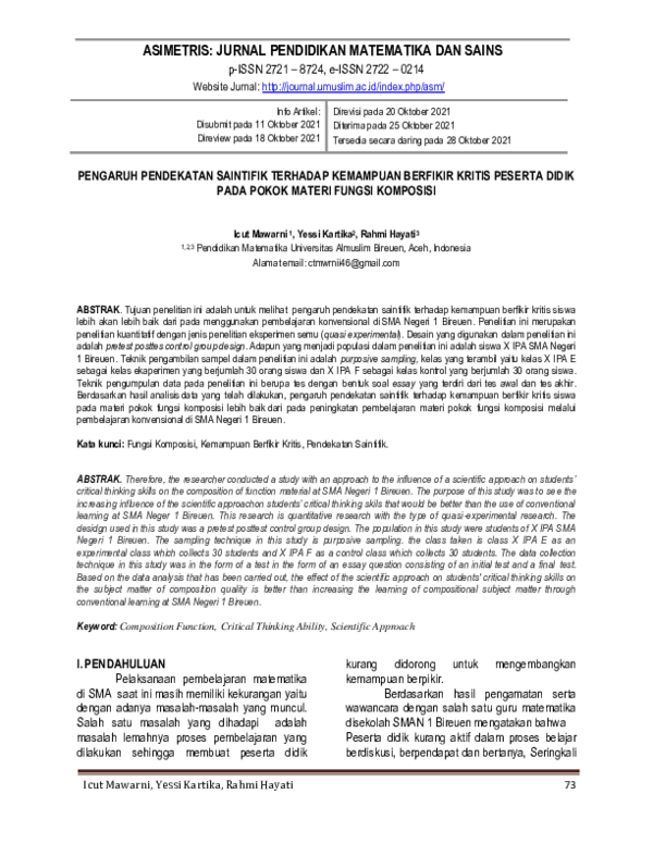 (PDF) Pengaruh Pendekatan Saintifik Terhadap Kemampuan Berfikir Kritis Peserta Didik Pada Pokok ...