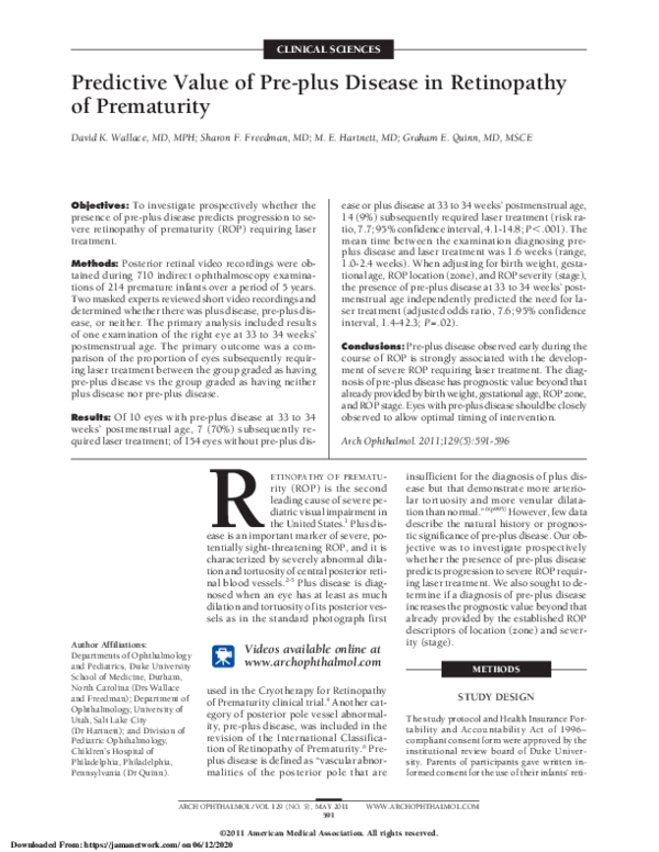 (PDF) Predictive Value of Pre-plus Disease in Retinopathy of Prematurity