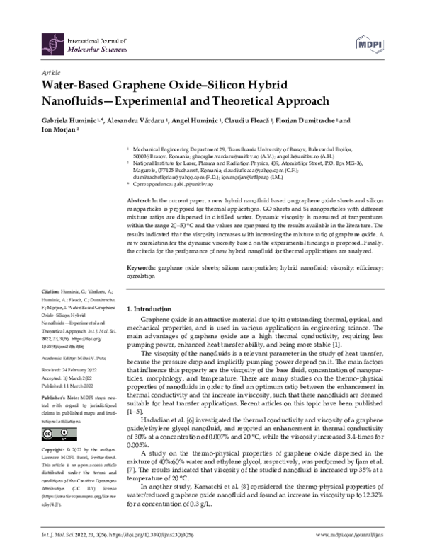 (PDF) Water-Based Graphene Oxide–Silicon Hybrid Nanofluids—Experimental and Theoretical Approach