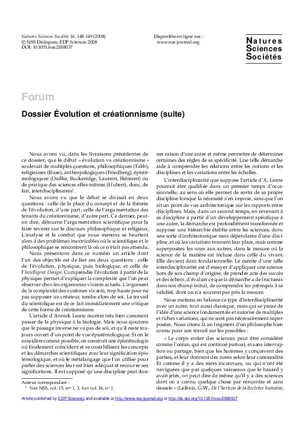 (PDF) Dossier Évolution et créationnisme. Introduction