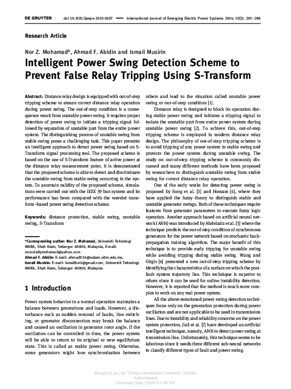 (PDF) Intelligent Power Swing Detection Scheme to Prevent False Relay Tripping Using S-Transform