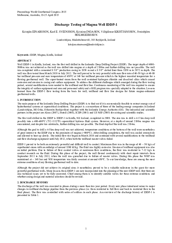 (PDF) Discharge Testing of Magma Well IDDP-1