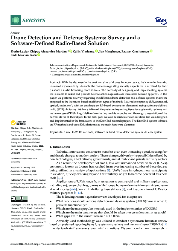 (PDF) Drone Detection and Defense Systems: Survey and a Software-Defined Radio-Based Solution