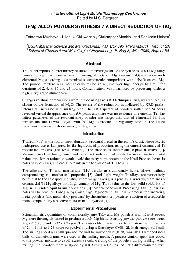 (PDF) Ti-Mg ALLOY POWDER SYNTHESIS VIA DIRECT REDUCTION OF TiO