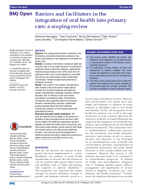 (PDF) Barriers and facilitators in the integration of oral health into ...