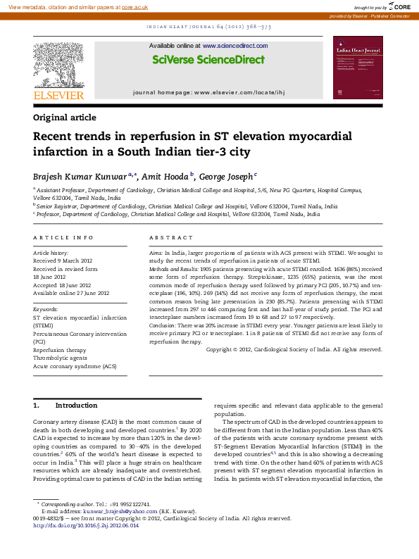 (PDF) Recent trends in reperfusion in ST elevation myocardial ...