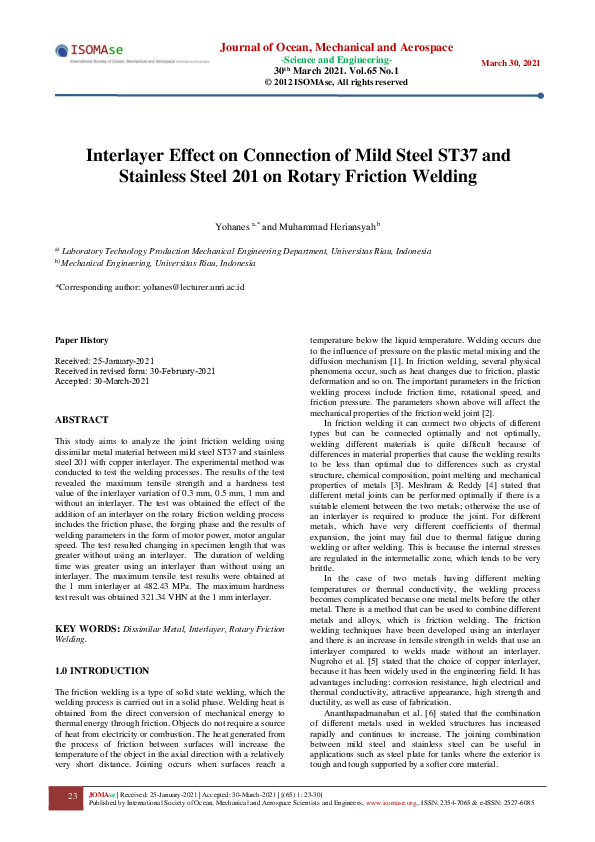 (PDF) Interlayer Effect on Connection of Mild Steel ST37 and Stainless Steel 201 on Rotary ...