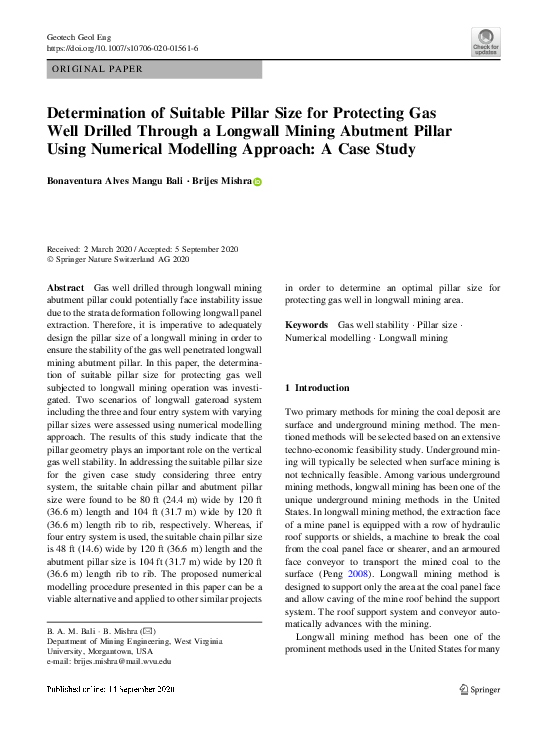 (PDF) Determination of Suitable Pillar Size for Protecting Gas Well Drilled Through a Longwall ...
