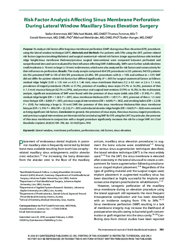 (PDF) Risk Factor Analysis Affecting Sinus Membrane Perforation During ...