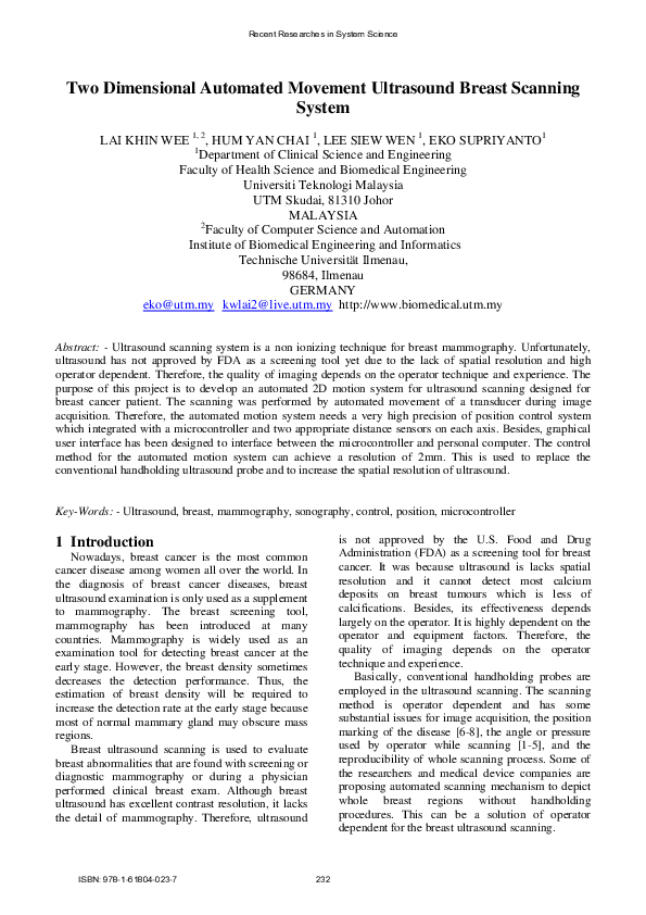 (PDF) Two dimensional automated movement ultrasound breast scanning system