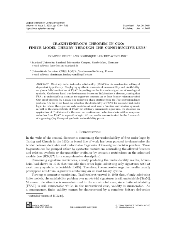 Pdf Trakhtenbrot S Theorem In Coq Finite Model Theory Through The Constructive Lens