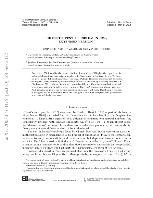 (PDF) Hilbert's Tenth Problem in Coq (Extended Version) | Dominique Larchey-Wendling - Academia.edu