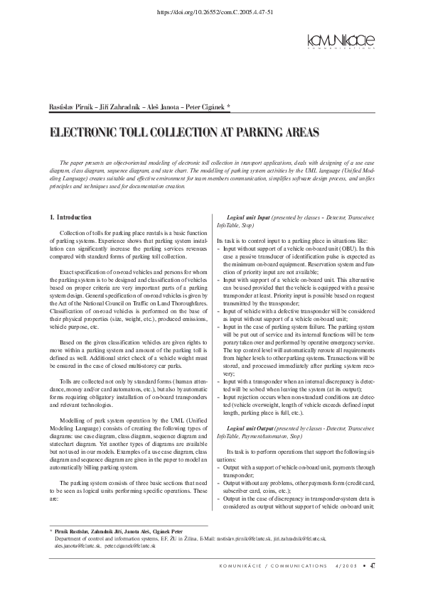 (PDF) Electronic Toll Collection at Parking Areas