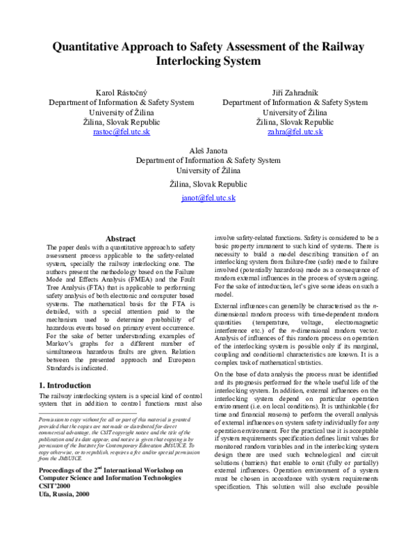 Pdf Quantitative Approach To Safety Assessment Of The Railway Interlocking System
