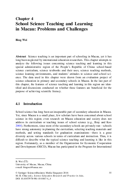 (PDF) School Science Teaching and Learning in Macau: Problems and Challenges