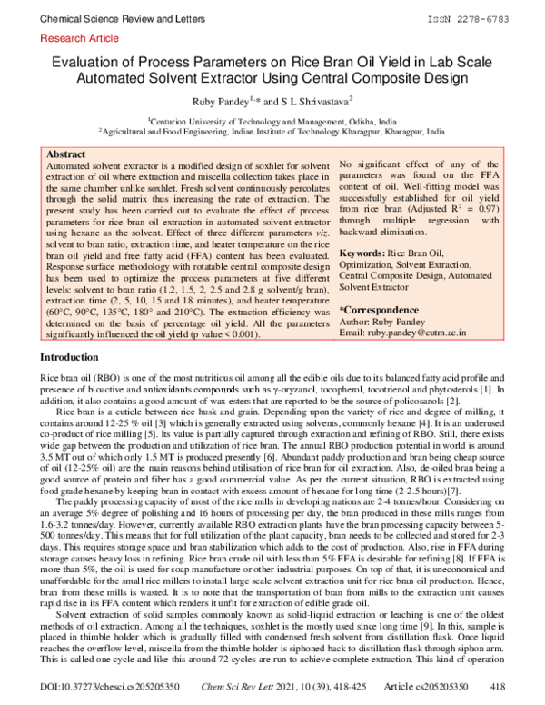 (PDF) Evaluation of Process Parameters on Rice Bran Oil Yield in Lab Scale Automated Solvent ...