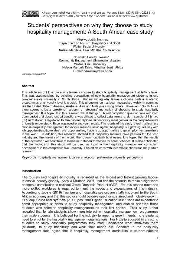 (PDF) Students' perspectives on why they choose to study hospitality management: A South African ...