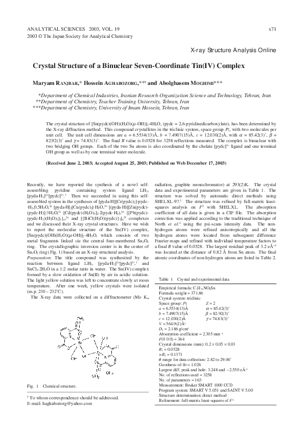 (PDF) Crystal Structure of a Binuclear Seven-Coordinate Tin(IV) Complex