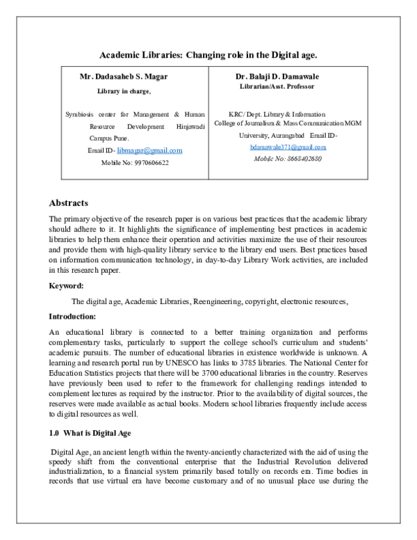 (DOC) Academic Libraries: Changing role in the Digital age