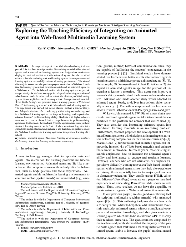 (PDF) Exploring the Teaching Efficiency of Integrating an Animated Agent into Web-Based ...