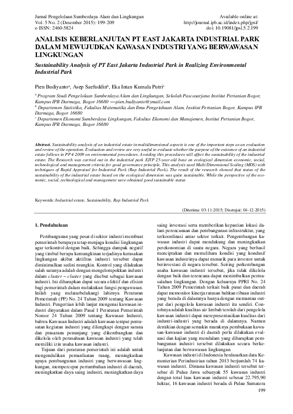 (PDF) Analisis Keberlanjutan PT East Jakarta Industrial Park Dalam Mewujudkan Kawasan Industri ...