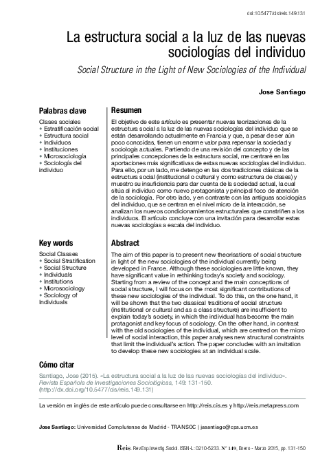 (PDF) La estructura social a la luz de las nuevas sociologías del individuo