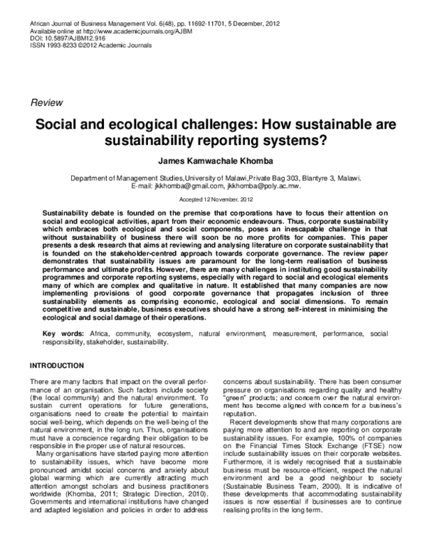 (PDF) Social and ecological challenges: How sustainable are ...