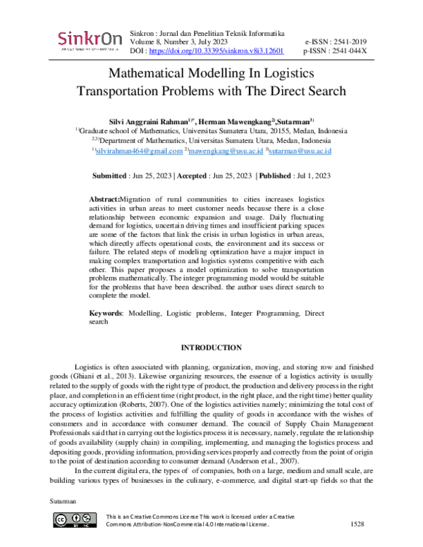 (PDF) Mathematical Modelling In Logistics Transportation Problems with The Direct Search