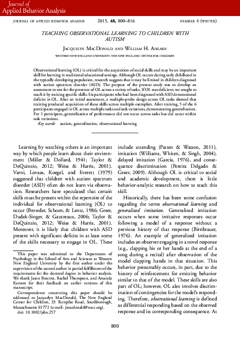 (PDF) Teaching observational learning to children with autism