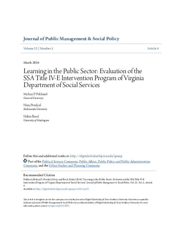 (PDF) Learning in the Public Sector: Evaluation of the SSA Title IV-E ...