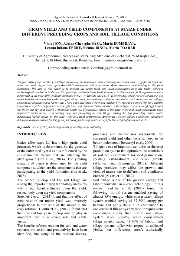 (PDF) GRAIN YIELD AND YIELD COMPONENTS AT MAIZE UNDER DIFFERENT ...