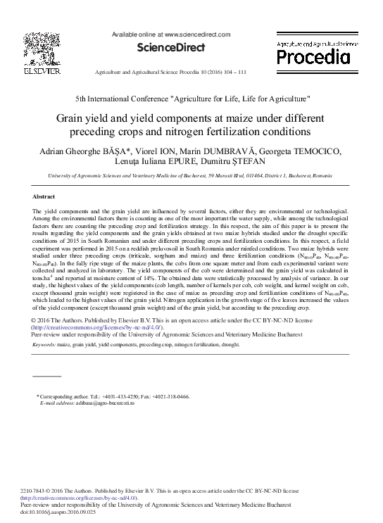 (PDF) Grain Yield and Yield Components at Maize under Different ...