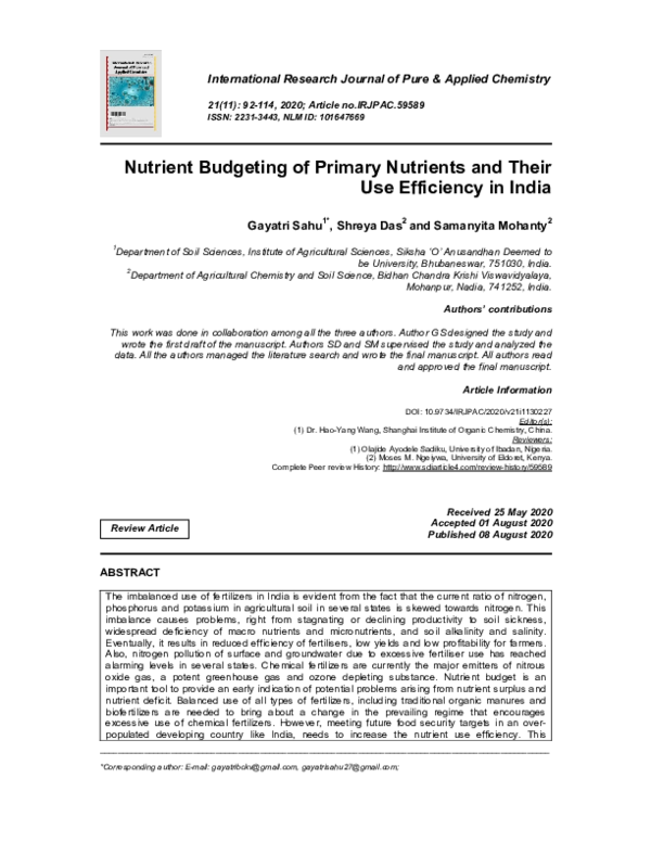 (PDF) Nutrient Budgeting of Primary Nutrients and Their Use Efficiency ...