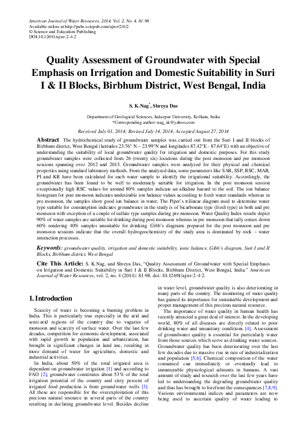 (PDF) Quality Assessment of Groundwater with Special Emphasis on ...
