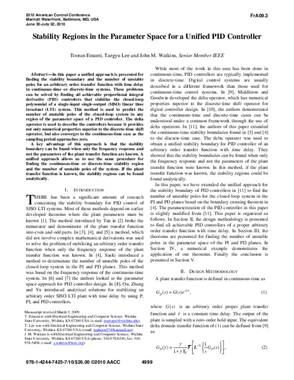 (PDF) Stability regions in the parameter space for a unified PID controller