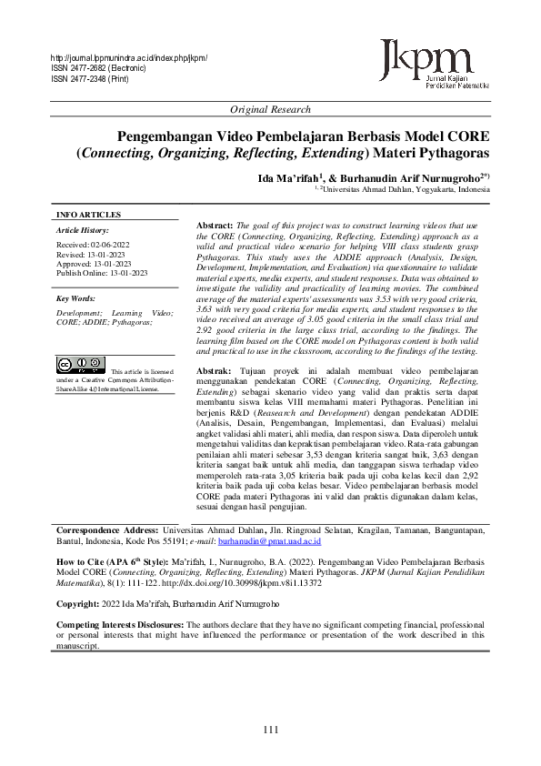 (PDF) Pengembangan Video Pembelajaran Berbasis Model CORE (Connecting, Organizing, Reflecting ...