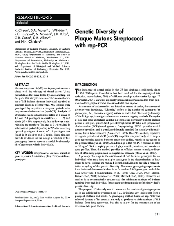 (PDF) Genetic Diversity of Plaque Mutans Streptococci with rep-PCR