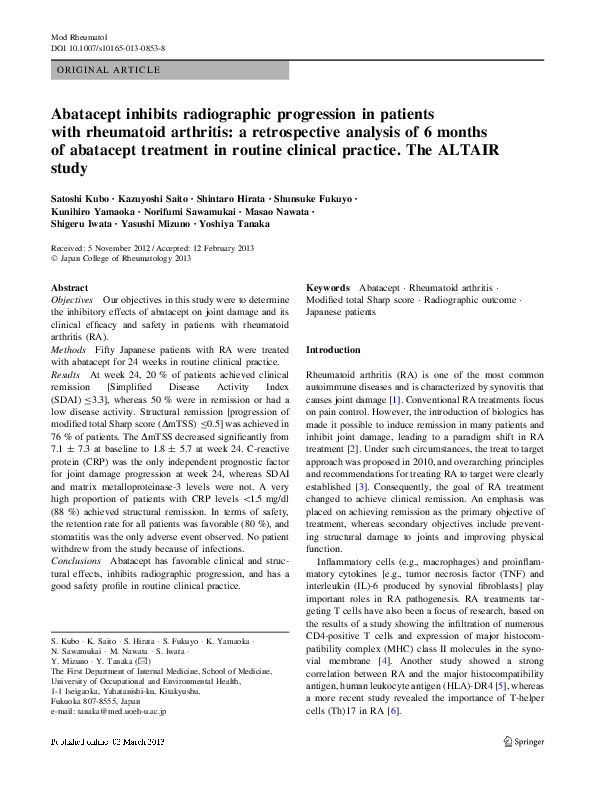 (PDF) Abatacept Inhibits Radiographic Progression at 2 Yrs in Rheumatoid Arthritis (Ra) Patients ...