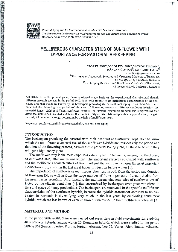 (PDF) MELLIFEROUS CHARACTERISTICS OF SUNFLOWER WITH IMPORTANCE FOR ...
