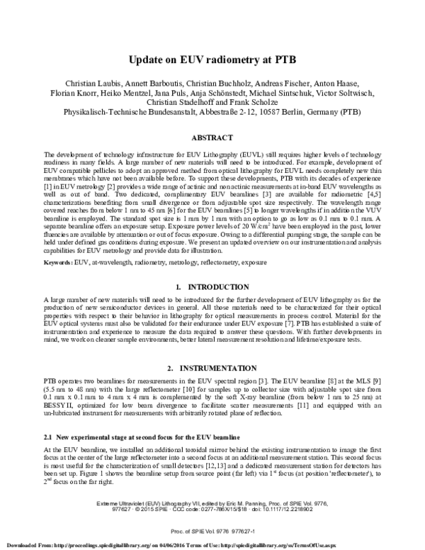 (PDF) Update on EUV radiometry at PTB