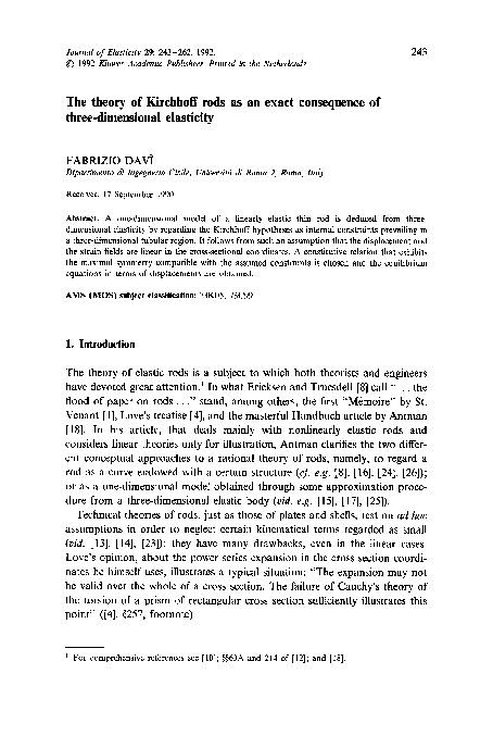 (PDF) The theory of Kirchhoff rods as an exact consequence of three-dimensional elasticity