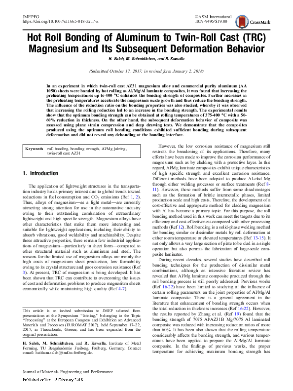 Pdf Hot Roll Bonding Of Aluminum To Twin Roll Cast Trc Magnesium