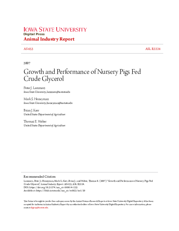 (PDF) Growth and Performance of Nursery Pigs Fed Crude Glycerol