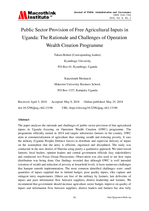 (PDF) Public Sector Provision of Free Agricultural Inputs in Uganda: The Rationale and ...