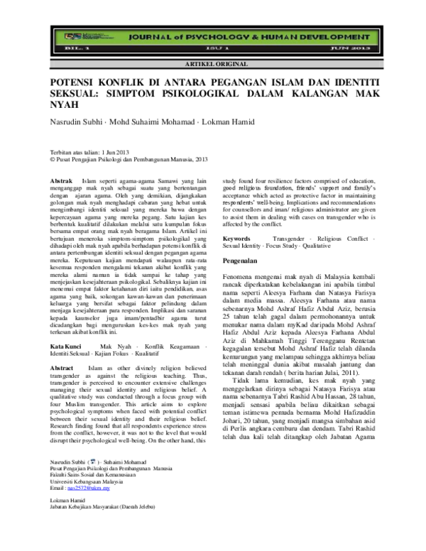 (PDF) Potensi Konflik DI Antara Pegangan Islam Dan Identiti Seksual: Simptom Psikologikal Dalam ...